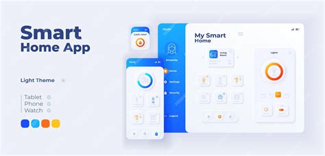 스마트 홈 앱 화면 벡터 적응형 디자인 템플릿입니다 플랫 문자가 있는 Iot 애플리케이션 데이 모드 인터페이스 가정용 장비 원격 관리 스마트폰 태블릿 스마트 시계