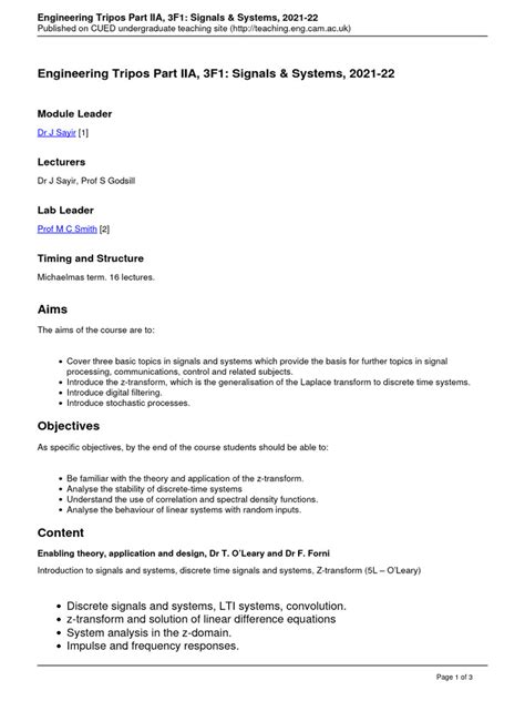 cued undergraduate teaching site engineering tripos part iia 3f1 signals and systems 2021 22