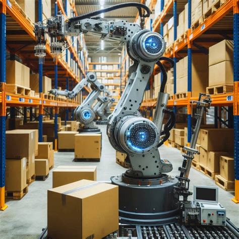 Robotic Arm Picking Up A Cardboard Box In The Warehouse Stock Illustration Illustration Of