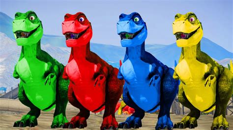 Colorful Dinosaurs Battle In Jurassic Word Green T Rex Blue Pink