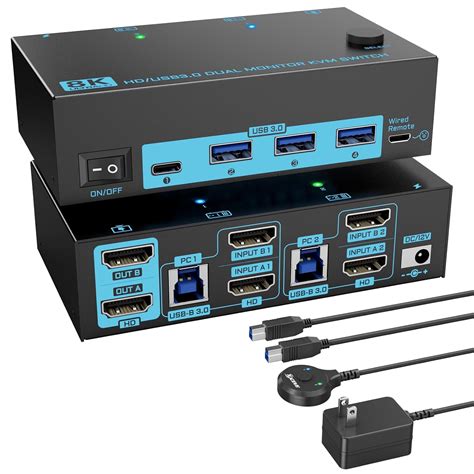 8k Hdmi 2 1 Dual Monitor Kvm Switch 2 Monitors 2 Computers 2 In 2 Out Usb Kvm