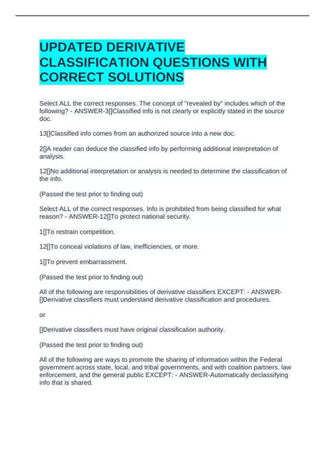 Updated Derivative Classification Questions With Correct Solutions Updated Derivative Classification Questions With Correct Solutions