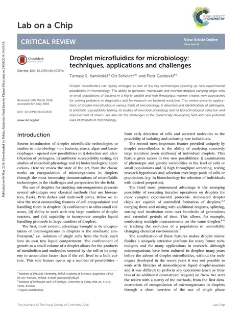 Pdf Droplet Microfluidics For Microbiology Techniques Applications And Challenges