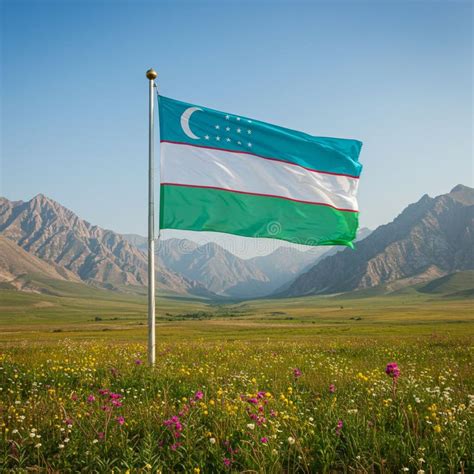 The Image Showcases The Flag Of Uzbekistan Featuring A Tricolor Of