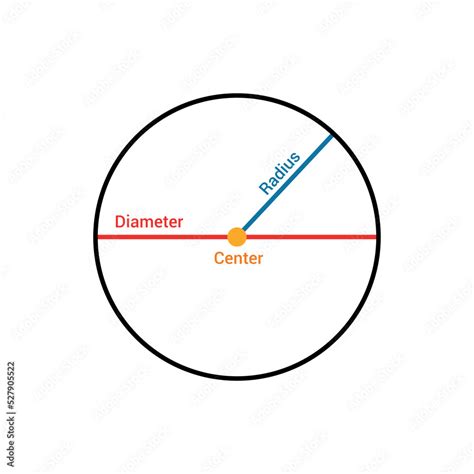 Parts Of A Circle In Mathematics Diameter Radius And Center Stock Vector Adobe Stock