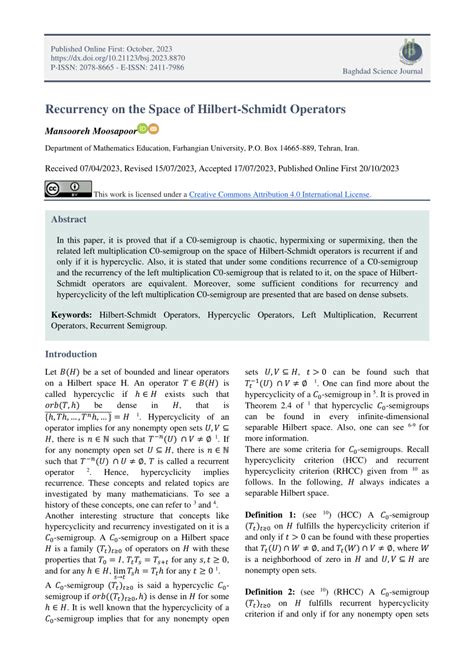 Pdf Recurrency On The Space Of Hilbert Schmidt Operators