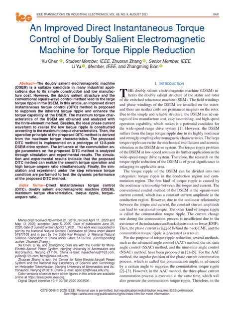 An Improved Direct Instantaneous Torque Control Of Doubly Salient Electromagnetic Machine For