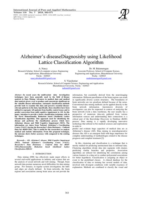Pdf Alzheimers Diseasediagnosisby Using Likelihood Lattice Classification Algorithm