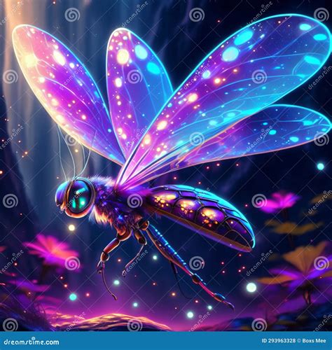 Dragonfly In The Night Sky Vector Illustration In Neon Colors Stock