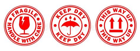 Fragile Round Circle Stamp Sticker Icon Symbol Set Handle With Care Logo Sign Keep Dry This