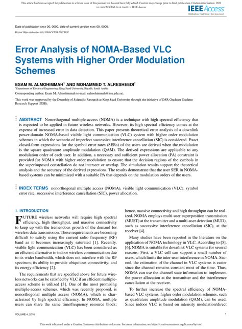 Pdf Error Analysis Of Noma Based Vlc Systems With Higher Order Modulation Schemes