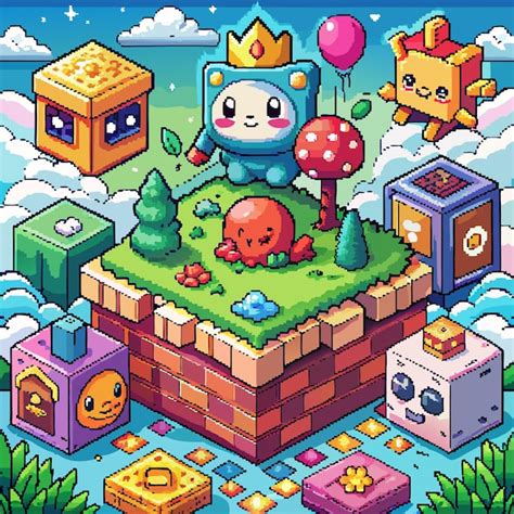 Pixelated World With Cute Characters And Houses On Top Of A Brick Platform Premium Ai