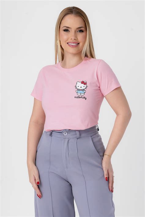 T Shirt Personagem Hello Kitty No Bolso Cor Rosa Bebe Atacado