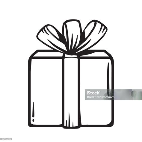 흰색 배경에 활이 있는 선물 상자의 벡터 그림 흑백 선물의 플랫 라인 아트 스타일 디자인 기념일에 대한 스톡 벡터 아트 및 기타 이미지 기념일 놀라움 디자인 Istock