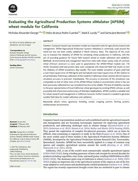 Pdf Evaluating The Agricultural Production Systems Simulator Apsim Wheat Module For California