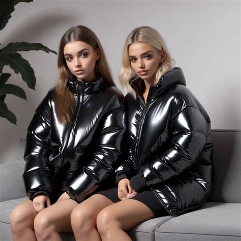 A Chav Woman Wearing A Shiny Black Puffer Jacket Sitting On A Sofa Next