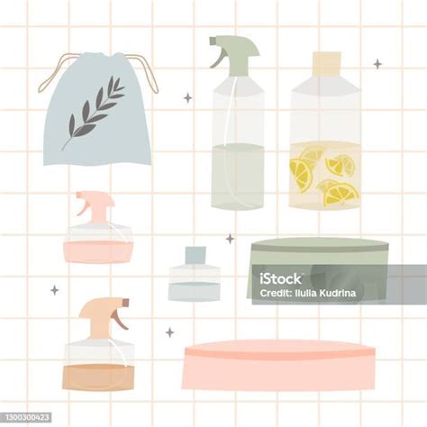 천연 가정용 세제 소다 식초 레몬 겨자 분말 소금 세탁 비누 친환경 세제 화학 물질이 없습니다 제로 폐기물 라이프 스타일 녹색 홈 개념 벡터 플랫 만화 일러스트레이션