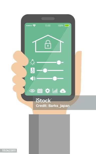 스마트 홈을 제어 하는 스마트 폰 응용 프로그램 손에 스마트폰을 들고 평면 그림 개념에 대한 스톡 벡터 아트 및 기타 이미지 Istock