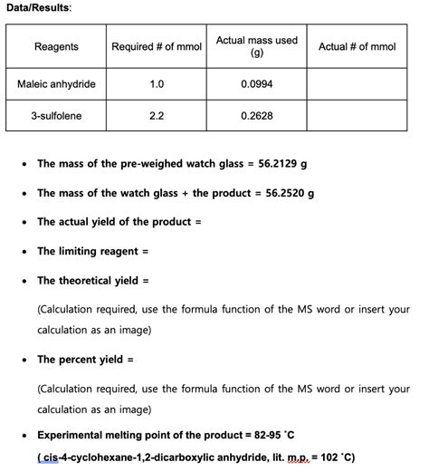 Solved Data Results Reagents Required Of Mmol Actual Mass Chegg Com
