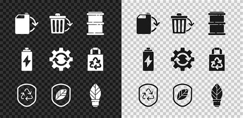 에코 연료 용기 재활용이 가능한 휴지통 배럴 방패 내부의 기호 방패 잎 전구 배터리 및 기어 화살표를 워크플로 아이콘으로 설정합니다 벡터 가솔린에 대한 스톡 벡터 아트 및