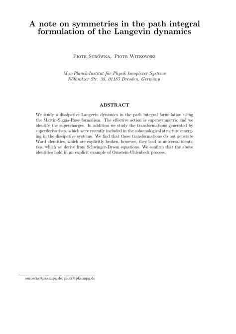 Pdf A Note On Symmetries In The Path Integral Formulation Of The Langevin Dynamics