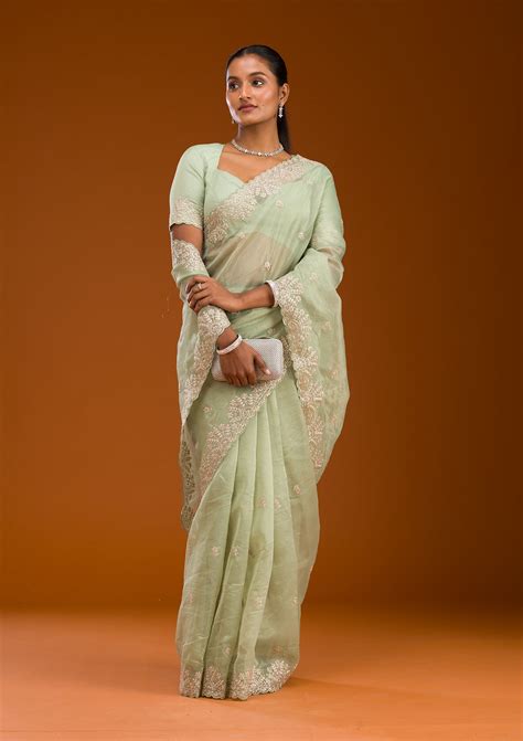 Buy Pista Green Threadwork Tissue Saree Koskii