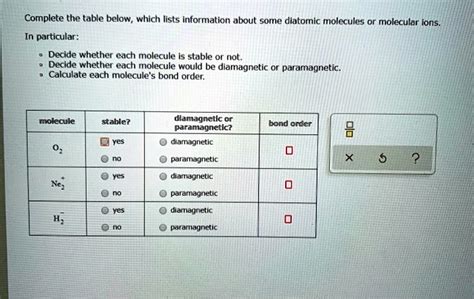 Solved Complete The Table Below Which Lists Information About Some Diatomic Molecules Or