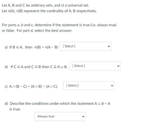 solved let a b and c be arbitrary sets and u a universal