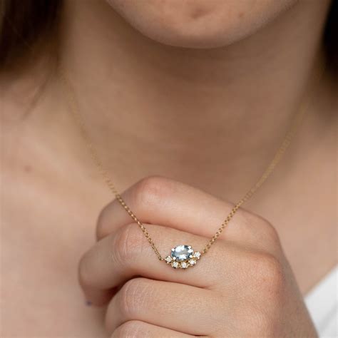 Aquamarine Diamond Necklace 14k Gold Oval Art Deco Blue Gemstone