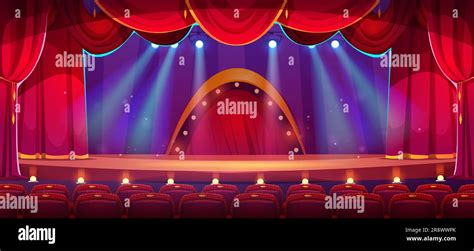 Cartoon Theater Stage With Red Curtains Spotlights And Rows Of Empty