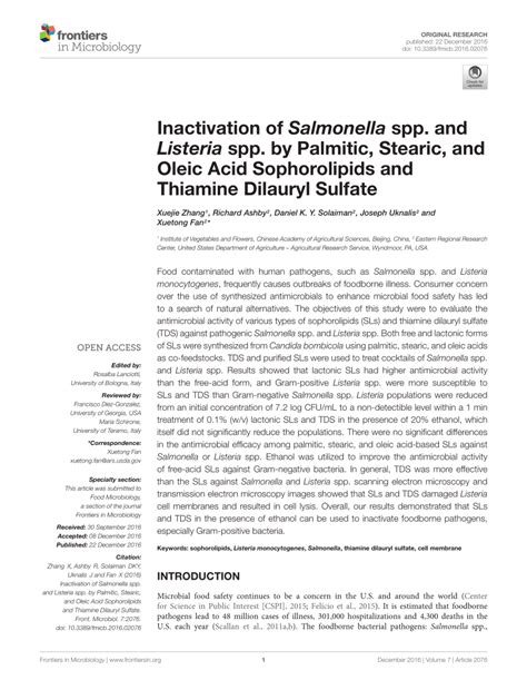 Pdf Inactivation Of Salmonella Spp And Listeria Spp By Palmitic Stearic And Oleic Acid