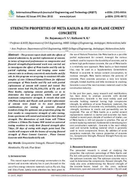 Pdf Strength Properties Of Meta Kaolin And Fly Ash Plane Cement Concrete
