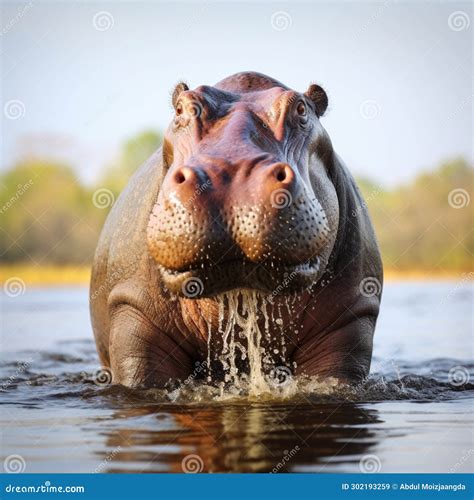 Assertive Hippo Displays Aggressive Behavior Asserting Dominance In Its Territory Stock