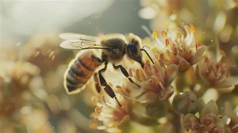 A Macro Shot Of A Honeybee Collecting Nectar From A Flower Highlighting