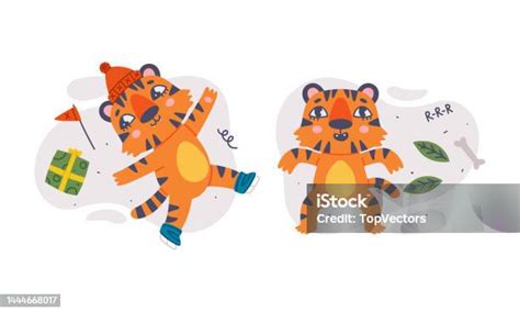 귀여운 재미 있는 아기 호랑이 세트 줄무늬 정글 와일드캣 캐릭터는 새해 휴일 만화 벡터 일러스트 레이 션을 축하합니다 귀여운에 대한 스톡 벡터 아트 및 기타 이미지 Istock