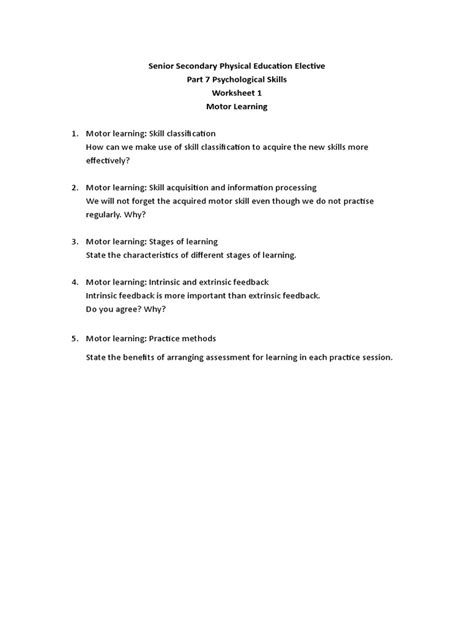Motor Learning Worksheet Pdf