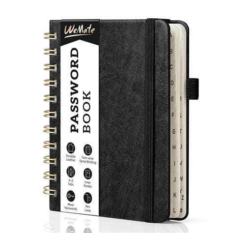 Wemate Spiral Password Book With Alphabetical Tabs Elastic Band Leather Cover 47x 6
