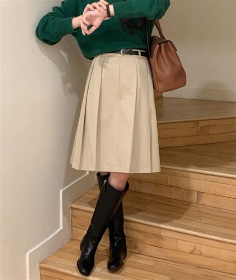 스프링샌드 봄🌷당일출고 벨트 Set 플리츠 미디 스커트 3col A라인 코튼 면 치마 핀턱 주름 롱 스커트