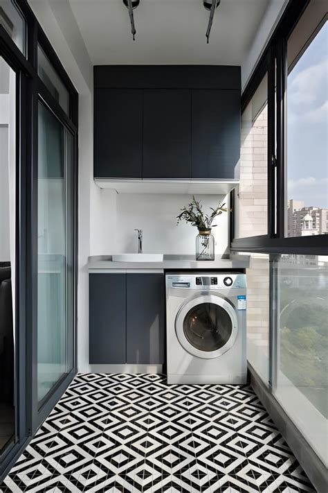 Modern Balcony Laundry Area With Black And White Tiles