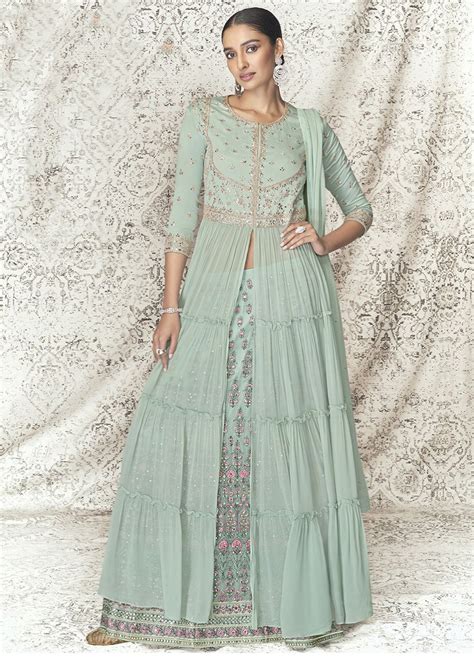 Teal Gray Embroidered Designer Skirt Top Set With Dupatta Urban Womania