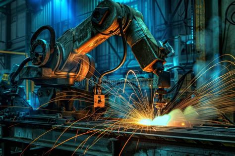 Industrial Welding Robots Futuristic Machines In Production Line