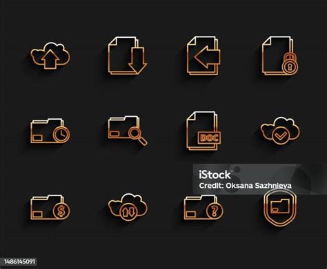 라인 재무 문서 폴더 클라우드 다운로드 및 업로드 알 수 없음 문서 보호 검색 개념 확인 표시 및 Doc 파일 아이콘을 설정합니다 벡터 검은색에 대한 스톡 벡터 아트 및