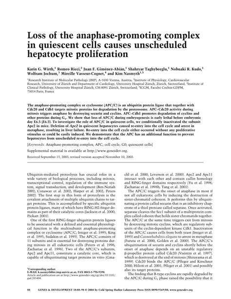 Pdf Loss Of The Anaphase Promoting Complex In Quiescent Cells Causes Unscheduled Hepatocyte