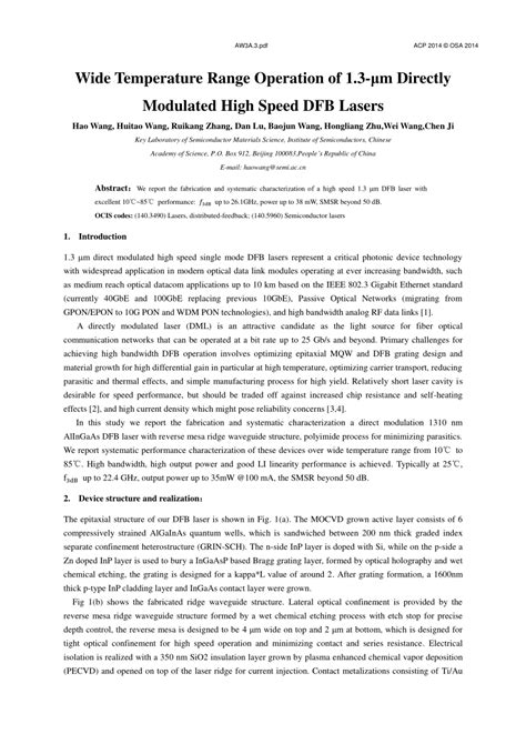 Pdf Wide Temperature Range Operation Of 1 3 Um Directly Modulated High Speed Dfb Lasers