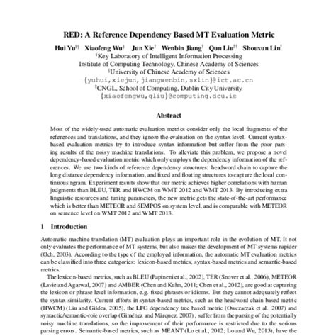 Red A Reference Dependency Based Mt Evaluation Metric Acl Anthology