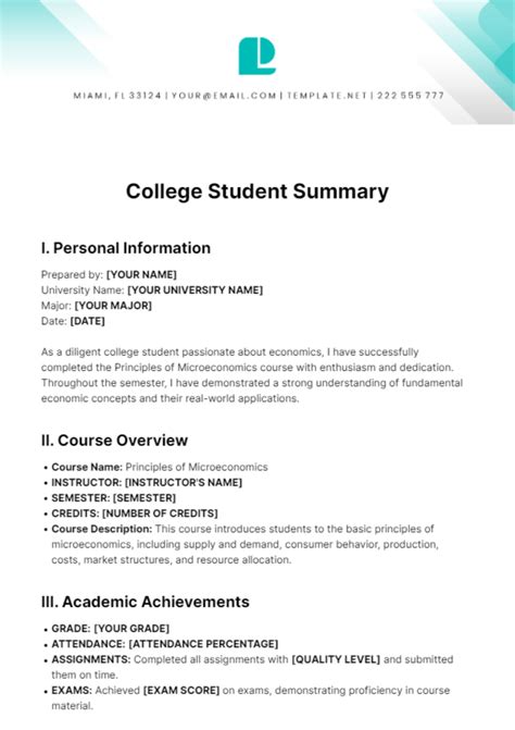 Free College Student Summary Template To Edit Online