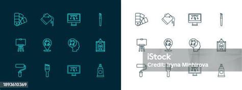 라인 페인트 브러시 스프레이 디자인 프로그램이 있는 컴퓨터 색상 팔레트 가이드 및 버킷 아이콘을 설정합니다 벡터 개념에 대한