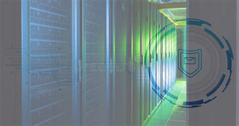 Image Of Envelope And Shield In Loading Circles Over Server Room Stock