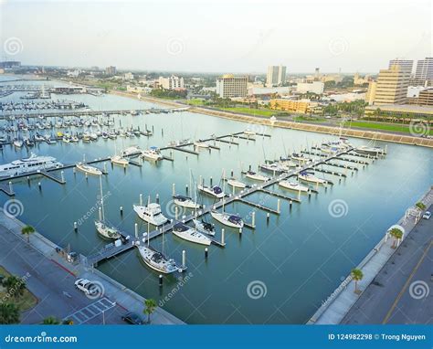 Top View Waterfront Downtown Of Corpus Christi With Marina Lots Stock