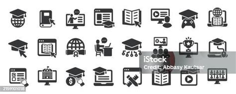 온라인 교육 글리프 솔리드 아이콘 컬렉션입니다 E러닝 학교 교육 연구 졸업장을 포함합니다 웹사이트 마케팅 디자인 로고 앱 템플릿 Ui 등 벡터 일러스트레이션 아이콘에 대한